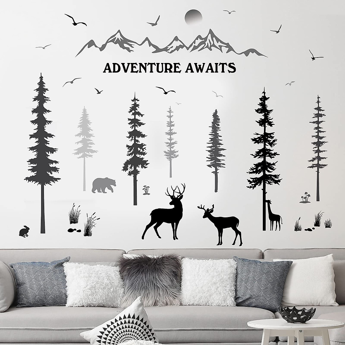 Prabahdak 3 Sheets Woodland Nursery Wall Decals Forest Deers Wall Stickers Bears Pine Tree Wall Decals Inspirational Quote Mountain Animal Sun Wall Stickers DIY Wall Decals for Kids' Room