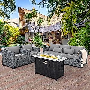 Outdoor Furniture Sets Patio Couch Outdoor Chairs 60000 BTU Propane Fire Pit 4 Pcs Patio Furniture Set 45In Fire Pit Table with No-Slip Cushions and Waterproof Covers, Grey