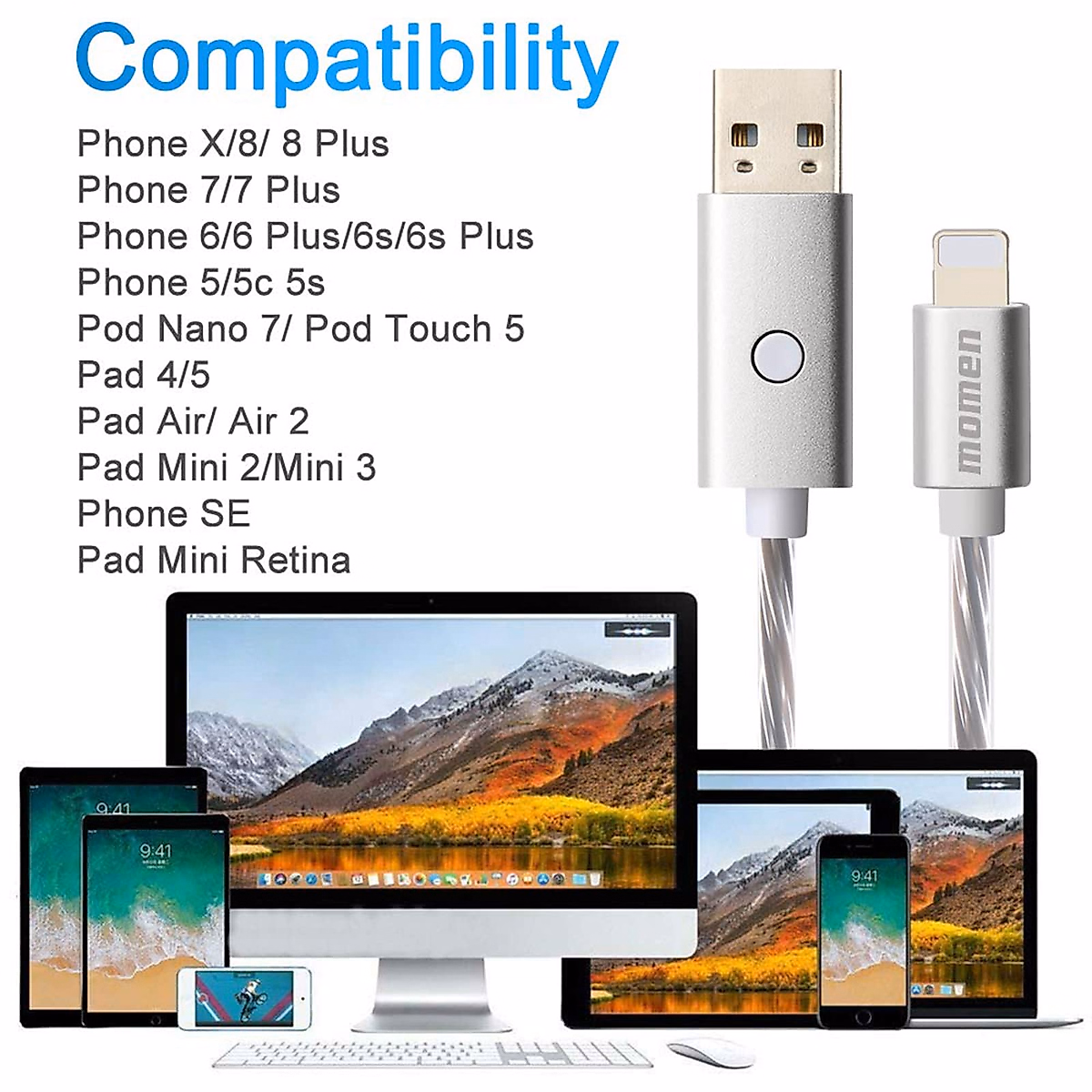 momen LED iPhone Charger Cable, 3 Pack 6FT Lighting Cables with Data Sync Fast Charging Cord Compatible 13/12/11/XS Max/XS/XR/X/8/7/Plus/SE/Pad,Phone Charger Cord Blue & Red & Green