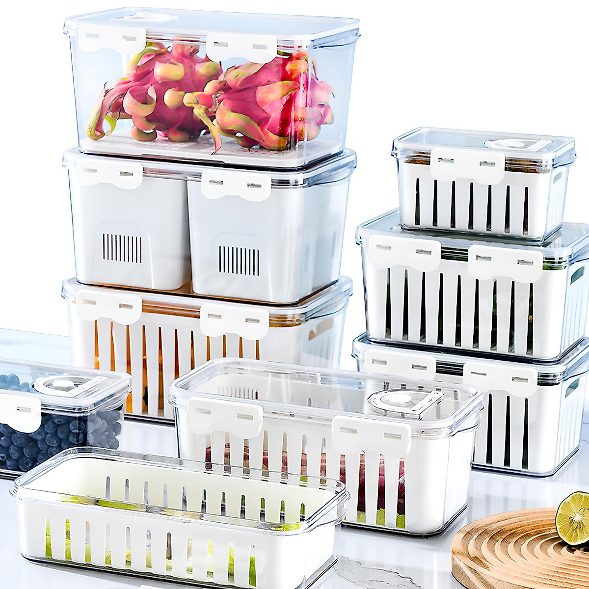 Oiperiey 3-Pack Fridge Vegetable and Fruit Storage Containers, Creative Timer Refrigerator Drain Storage Box, BPA-Free Kitchen Storage Box with Ventilation Holes to Keep Food Fresh