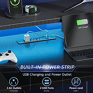 Korfile Reversible Gaming Desk with Power Outlet & LED Lights, Corner Computer Desk with 3 Tiers Storage Shelves, Home Office Desk with Monitor Stand for Small Space, 47 Inch Carbon Fiber Black