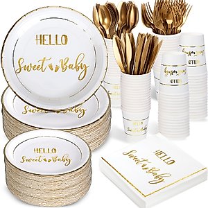Yungyan 400 Pcs Baby Shower Dinnerware for 50 Guest Baby Shower Paper Plate Napkin Set Baby Shower Plate Napkins Cup Footprint Disposable Knives Fork Spoon Gender Reveal(Gold,Classic)