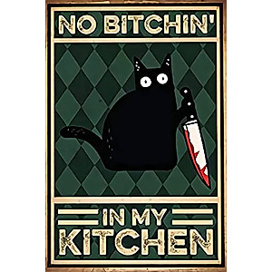 Pozino Personalized Metal Signs for Kitchen Cat Metal Sign Funny Cat Metal Sign No Bitchin in My Kitchen Vintage Cat Metal Sign Kitchen Decor Funny Cat Home Decor Cat Lovers Gift