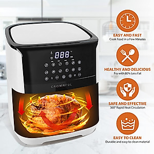 CROWNFUL 7 Quart Air Fryer, Oilless Electric Cooker with 12 Cooking Functions, LCD Touch Digital Screen with Precise Temperature Control, Nonstick Basket, 1700W, UL Listed-White