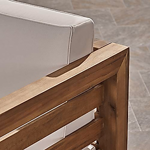 Louise Outdoor Acacia Wood Club Chair with Cushion, Teak Finish and Beige