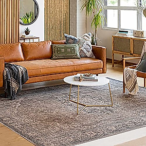 Greenpoint Machine Washable Area Rug - Oriental Persian Traditional Medallion - Bohemian Vintage Distressed Carpet - Brown, Beige - 6'7"x9'