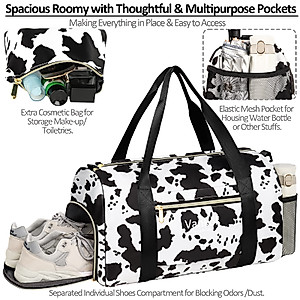 Vankor Gym Bag for Women with Shoe Compartment, Waterproof Sports Duffle Bag, Medium-17.5 Inch, Cow Print
