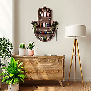 TAMIM CRAFTS Wooden Hamsa Shelf for Crystals- Large 20 Inch Crystal Display Shelf for Stones, Crystal Holder Shelf, Essential Oil Display, Hand Crystal Shelf for Room Decor, Hamsa Wall Décor