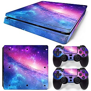 Ps4 Slim Stickers Full Body Vinyl Skin Decal Cover for PlayStation 4 Console Controllers (with 4pcs Led Lightbar Stickers) (Blue fire) (Pink Sky)