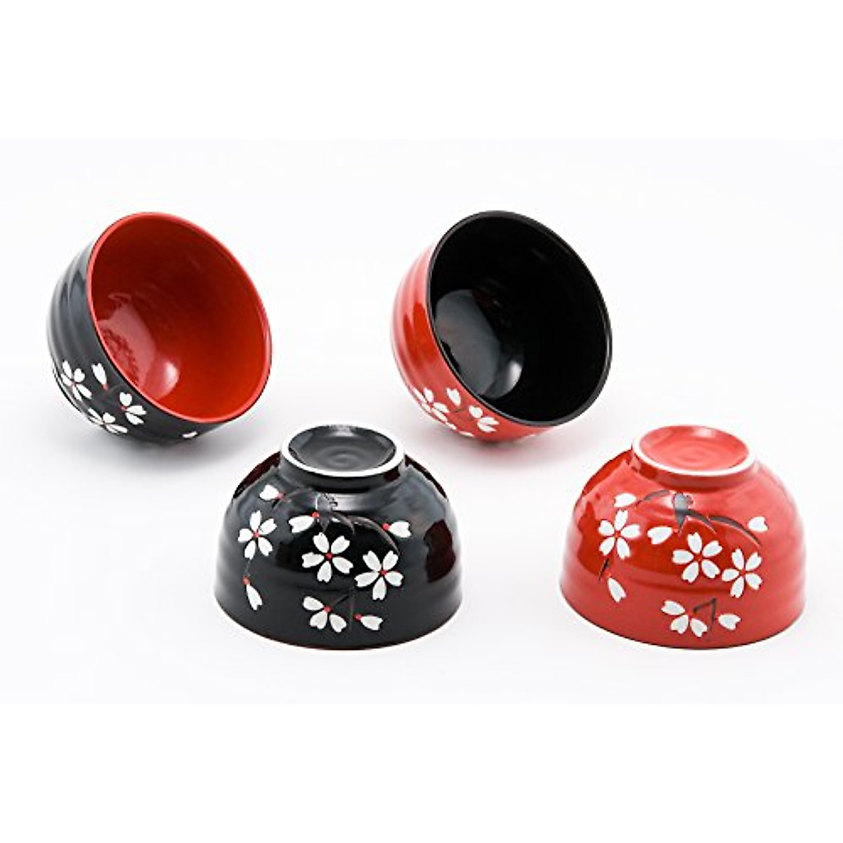 Hinomaru Collection Japanese Traditional Ceramic Rice Bowl Set of 4 Red and Black Cherry Blossom Sakura Decorative Gift Pack Multi Purpose Attractive Design