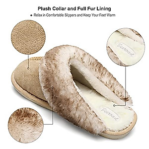Besroad Womens Furry Faux Fur Slippers Cozy Memory Foam House Slippers Soft Flat Slide Sandals Indoor Outdoor Slippers Brown 8-9