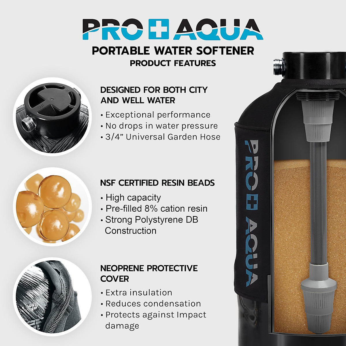 PRO+AQUA 16,000 Grain Portable Water Softener for RV, Trailers, Boats, Mobile Car Wash, Pressure Wash – Protects Water Systems from Hard Water Damage and Corrosion, with Pre-Filled High-Capacity Resin