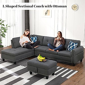 Rovibek L Shaped Sectional Couch with Ottoman and Pillows, 2 Cup Holders Design Living Room Sofa Set for Apartment, Office