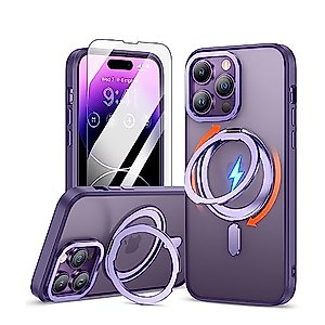Caka 360° Rotatable Ring for iPhone 14 Pro Max Phone Case with Screen Protector & Kickstand Magnetic Ring Holder Protective Matte Case for iPhone 14 Pro Max 6.7 inches - Deep Purple
