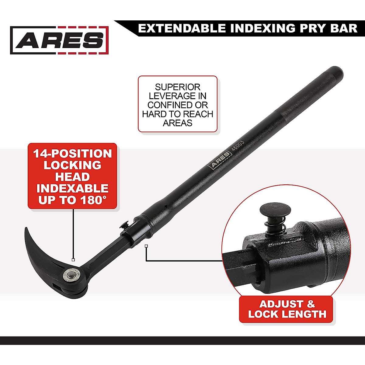 ARES 46003-21-Inch to 33-Inch Extendable Indexing Pry Bar - 14-Position Adjustable Angle Head - High Strength Chrome Vanadium Steel