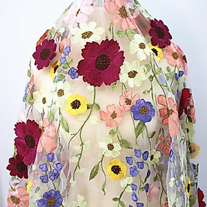 SUNMOVE 1 Yard Multicolor 3D Flowers Heavy Embroidery Lace Floral Fabric for Sewing Dresses Jacket Jeans (White mesh, 1 Yard)