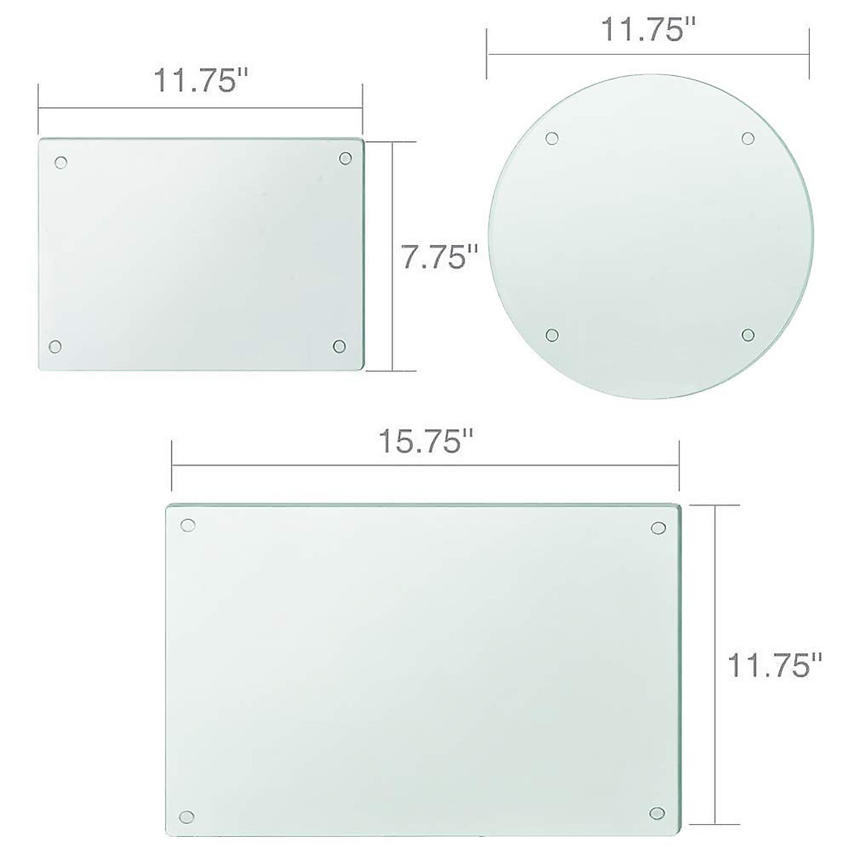 Clear Tempered Glass Cutting Board Set of 4, Non Slip Glass Trays for Kitchen Countertop by Murrey Home, Heat Resistant, No Stain, 11.75"x15.75", 7.75"x11.75" & Round 11.75"