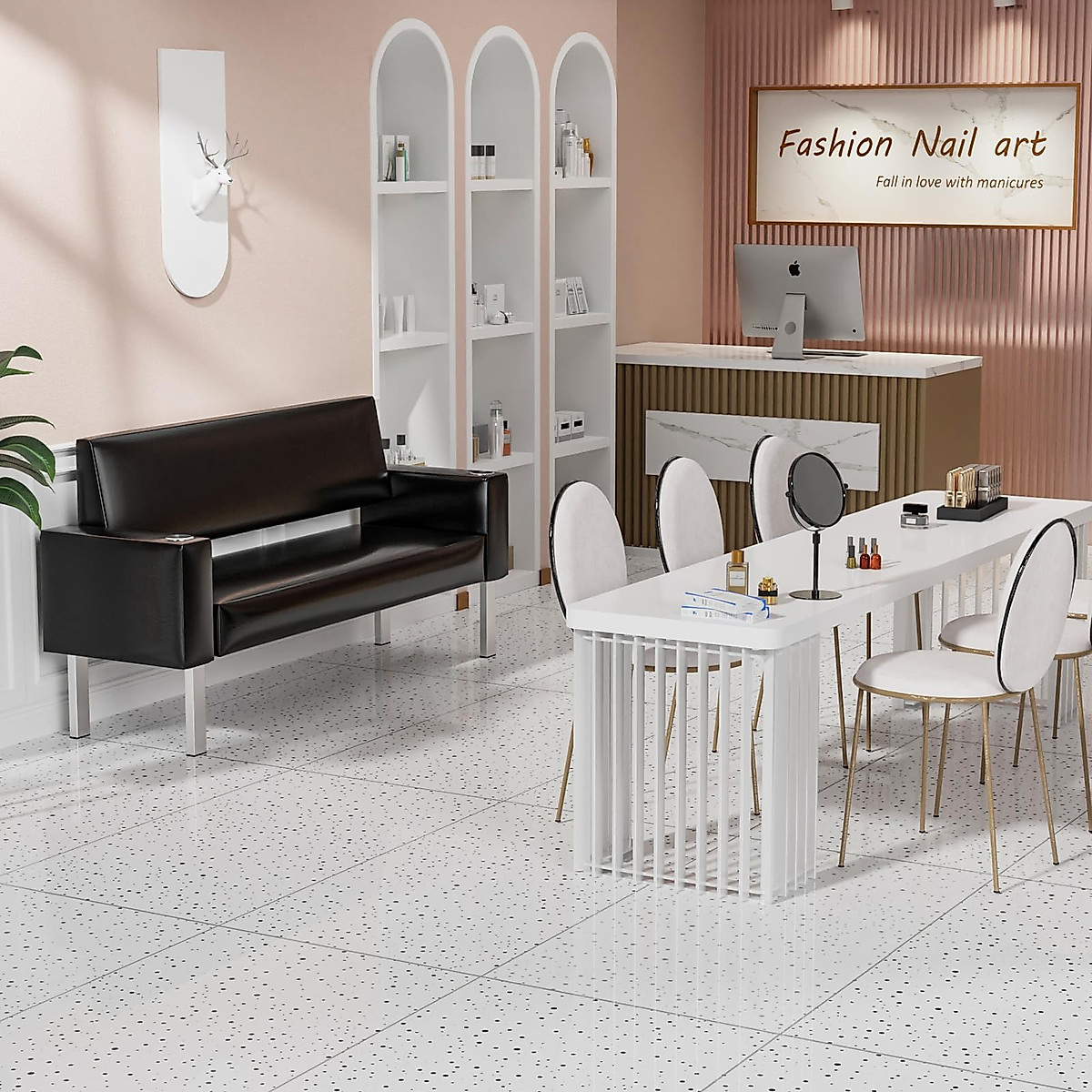 LEADZM Waiting Room Bench Seating, Salon Reception Office Chairs, Heavy Duty Guest Lobby Chairs with 2 Cup Holder,Leather Settee with Backrest & Armrest, Beauty Barber Furniture, Black