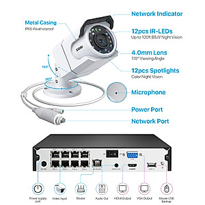 ZOSI 4K Ultra HD Security Cameras System, 8 Channel H.265+ 4K Video NVR, 8 x 4K (8MP) Ip66 Bullet Weatherproof Surveillance Cameras, Motion Alert , 100ft Night Vision, with 2TB Hard Drive