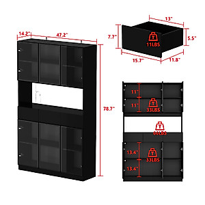 Hitow Glass Door Cabinet with Lights and 8 Storage Shelves, Tall Modern Display Storage Organizer with Hutch, 2 Drawers and 2 Doors, Wooden Bookcase Bookshelf for Living Room, Home Office, Black