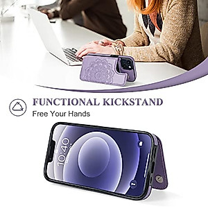 JAROIE Wallet Case for iPhone 13 with 3 Card Slots Embossed Mandala Pattern Flowers Magnetic Buttons Flip Faux Leather Cover Shockproof 2021 6.1 Inch (Purple)