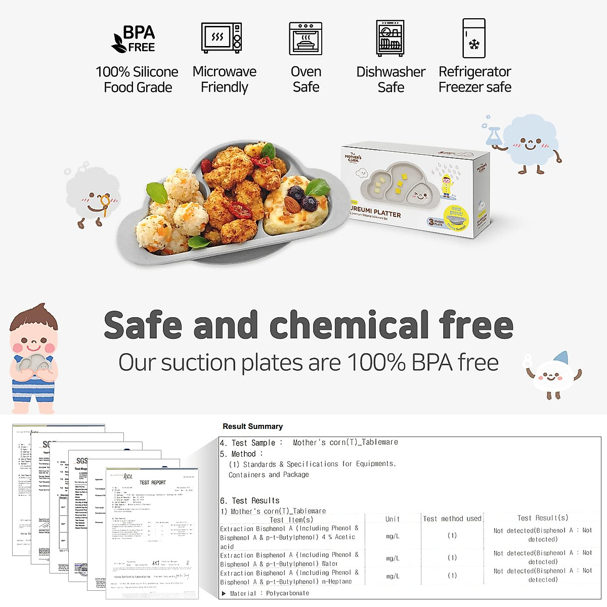 Mother's Corn Suction Plate for Baby | Divided Food-Grade 100% Silicone Feeding Bowls and Dishes for Kids, Infants & Toddlers - BPA-Free, Microwave, Dishwasher & Oven Safe | Cloud Design | Grey