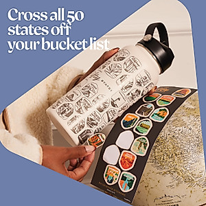 Wondery Official Fifty States Bucket List Travel Water Bottle with Waterproof Stickers and Straw | Cream 32 oz Engraved | Insulated Stainless Steel Vacuum Sealed | Leak Proof