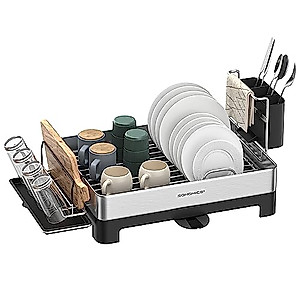 SONGMICS Dish Drying Rack, Stainless Steel Dish Rack with Rotatable Spout, Drainboard, Fingerprint-Resistant Dish Drainers for Kitchen Counter, 12.5 x 22.5 in, Silver and Black UKCS030B01