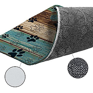 Seven Roses Indoor Area Rug, Paw Print Filling Non Slip Carpet Pad Bathroom Mat, Rustic Teal Brown Beige Wood Kitchen Runner Area Rug for Bedroom/Living Room/Kids Room 4'x6'