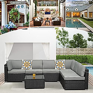 SUNVIVI OUTDOOR 7 Piece Patio Furniture Set, Outdoor Sofa for Backyard, Garden with 6 Sofas, 6 Seat Clips, Coffee Table - Black/Grey