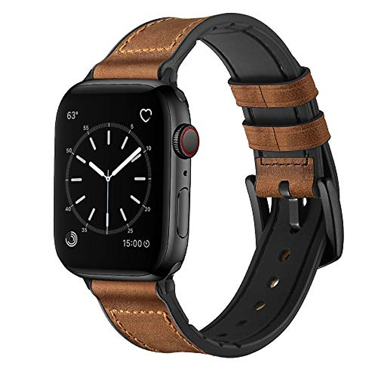 OUHENG Compatible with Apple Watch Band 49mm 45mm 44mm 42mm, Sweatproof Genuine Leather and Rubber Hybrid Band Strap for iWatch Ultra Series 8 7 6 5 4 3 2 1 SE2 SE, Brown Band with Black Adapter