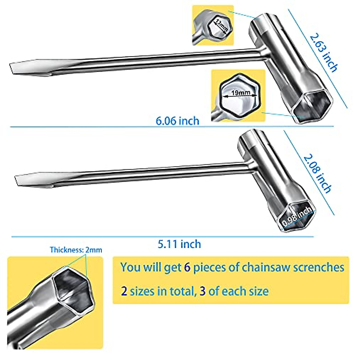 MotBach 6 Pack Chainsaw Screwdriver Wrench Set, 13 by 19 mm, Long and Short Size, Alloy Steel