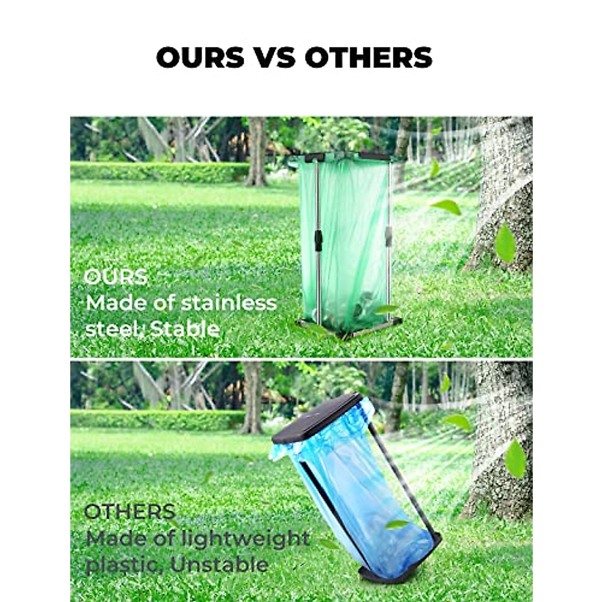 yamagahome Metal Trash Bag Holder, 16-28 Inch Height Adjustable Garbage Bag Holder with Lid, Clamp Ring and Corner Protection, Collapsible Outdoor Waste Bins, Trash Bag Stand for RV and Camping, Black