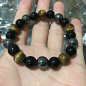 KIOMOY Triple Protection Bracelet For Protection Bring Luck And Prosperity Hematite Black Obsidian Tiger Eye Stone Bracelets (Tiger Eye)