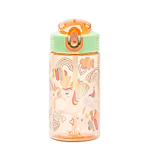 Zak Designs Kids Water Bottle For School or Travel, 16oz Durable Plastic Water Bottle With Straw, Handle, and Leak-Proof, Pop-Up Spout Cover (Unicorn)