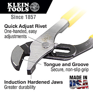 Klein Tools J502-10 Pliers, Adjustable Jaw Pump Pliers, Tongue and Groove, with Dual Material Handles, 10-Inch