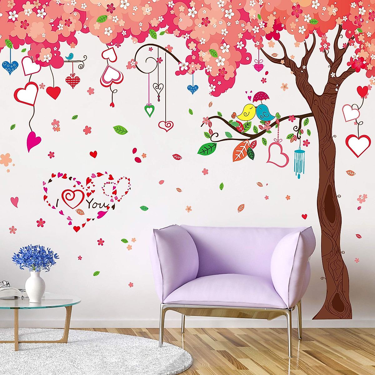 Giant Huge Pink Cherry Tree Wall Decals Cute Cartoon Removable Large Tree Lovely Heart Shape Wall Sticker Peel Stick for Kids Girls Bedroom Livingroom TV Background