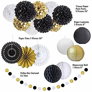 ANSOMO Black Gold and White Party Decorations Paper Fans Lanterns Pom Poms Hanging Wall Décor Bridal Baby Shower Birthday Graduation Wedding
