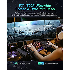 KTC 32 inch Curved Gaming Monitor, 2K 170Hz Monitor, 1440P 144Hz Monitor, 1500R Frameless, 1ms, HDR, FreeSync Premium, DisplayPort/HDMI/USB, VESA Wall Mount, PC Monitor, H32S17