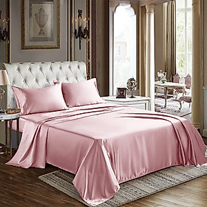 CozyLux Satin Sheets Full Size - 4 Piece Pink Bed Sheet Set with Silky Microfiber, 1 Deep Pocket Fitted Sheet, 1 Flat Sheet, and 2 Pillowcases - Smooth and Soft