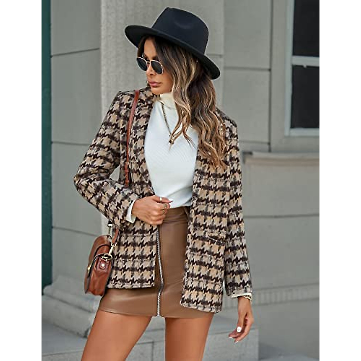 MEROKEETY Women's Long Sleeve Notch Lapel Fashion Plaid Jacket Coat Open Front Pockets Blazer Suit, Brown, L