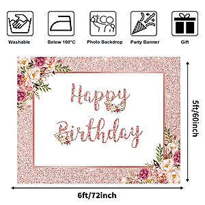 Avezano 6x5ft Rose Gold Birthday Backdrop Pink Glitter Flowers Happy Birthday Party Decorations 16th 21st Birthday Photography Background for Women and Girls Floral Photo Booth Banner