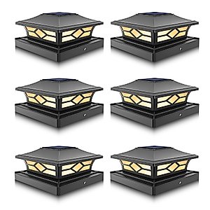 VOLISUN Solar Post Cap Lights Outdoor,Deck Fence Post Cap Lights Solar Powered 6Pack for 4x4/6x6 Wooden/Vinyl,Waterproof Warm/Cool Lighting Black Solar Outdoor LED Post Light for Garden/Patio