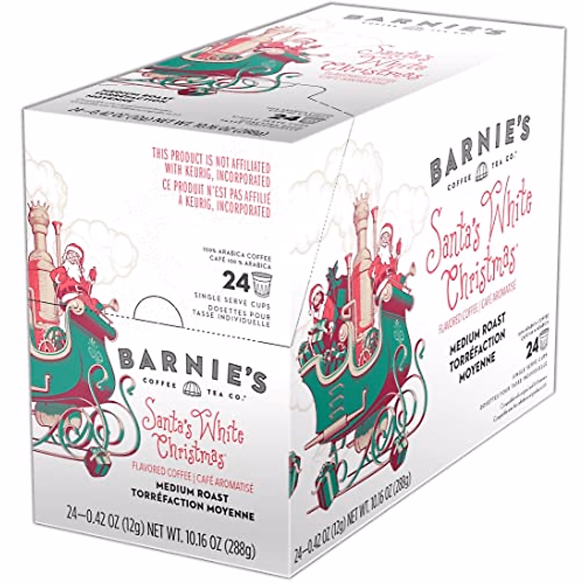 BARNIE'S COFFEE TEA CO. Single Serve K cups for Keurig Brewers Medium Roast Arabica Coffe Beans, Santa's White Christmas, 24 Count