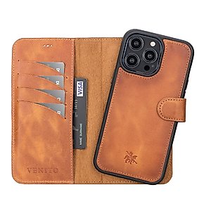 Venito Ravenna Slim Magic Leather Wallet Case for iPhone 14 Pro Max (6.7" Antique Brown)