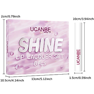 UCANBE 8 Pcs Lightly Glossy Lipstick Set - Waterproof Lip Stain - Liquid Lip Color - Long Lasting Lip Gloss - Smuge proof Korean Makeup - Lip Stick Christmas Gifts for Women