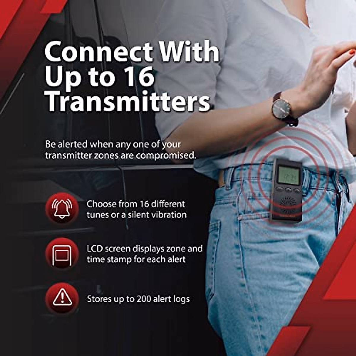 Wireless Driveway Alarm Portable Receiver PR-4000 - Compatible with Dakota Alert 4000 Transmitters | Battery-Powered Monitor Comes with USB Charger & Belt Clip, Driveway Alarms Wireless