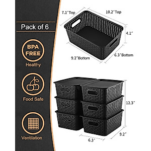 AREYZIN Storage Bins Plastic Storage Baskets With Lid Small Baskets for Organizing Stackable Storage Container Organizer Bins for Shelves Drawers Desktop Playroom Classroom Office, 6 Pack,Black
