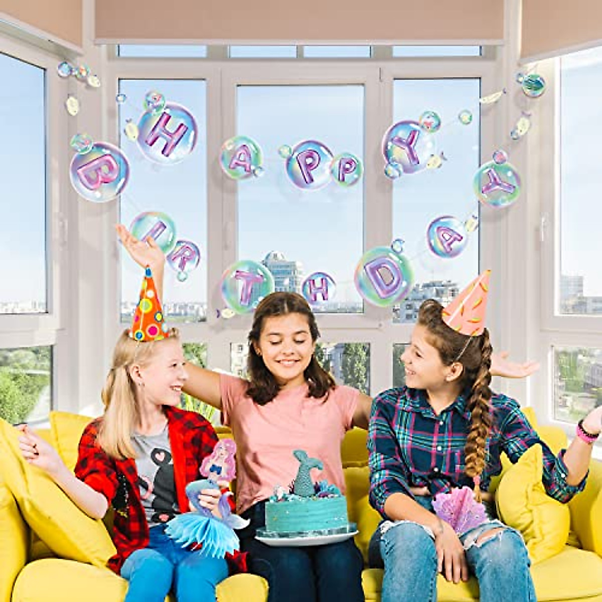 Decor365 Little Mermaid Happy Birthday Banner Under The Sea Theme Party Decorations Ocean Theme Little Mermaid Bubble Garland Fish Coral Bday Garland for Girls Birthday Party Decoration