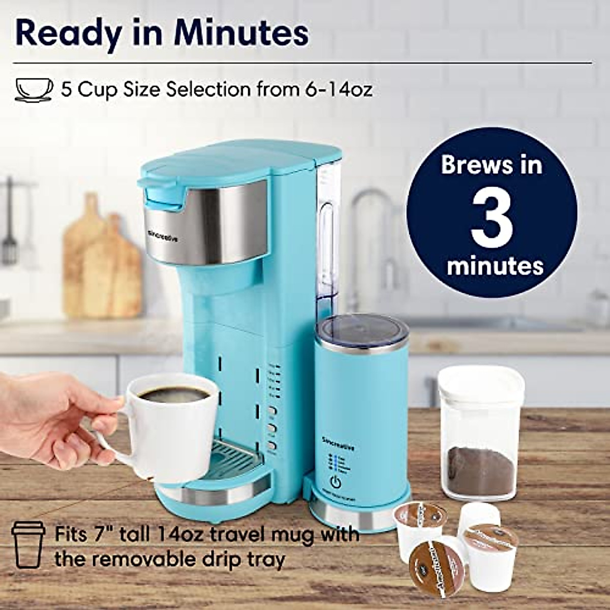 Single Serve Coffee Maker with Milk Frother, 2-In-1 Cappuccino Coffee Machine for K Cup Pod and Ground Coffee, Single Cup Brewer Compact Latte Maker with 30 oz Removable Tank, Blue